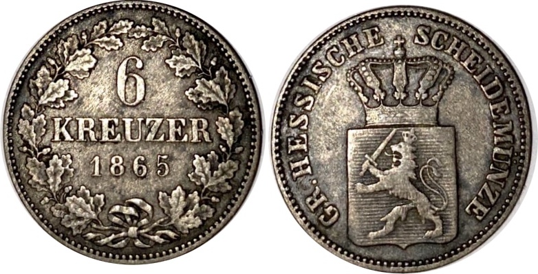Altdeutschland/ Hessen-Darmstadt 6 Kreuzer 1865 ss | MA-Shops