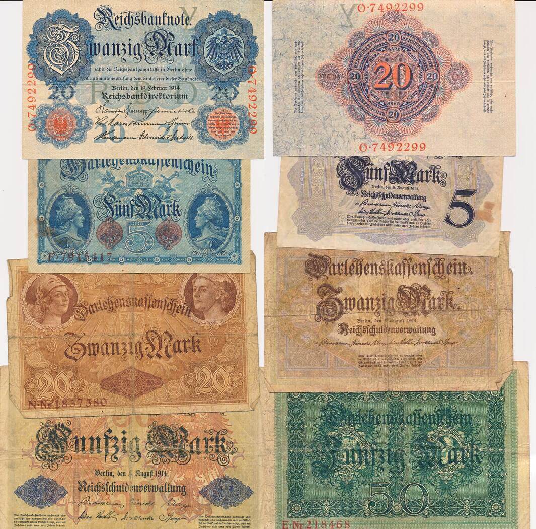 Deutsches Reich Deutschland 5, 20, 50 Mark 1914 Banknoten, Lot, 4 Stück III-IV | MA-Shops