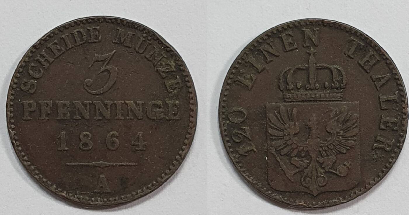 Altdeutschland 3 Pfennig 1864 A Brandenburg-Preußen sehr schön | MA-Shops