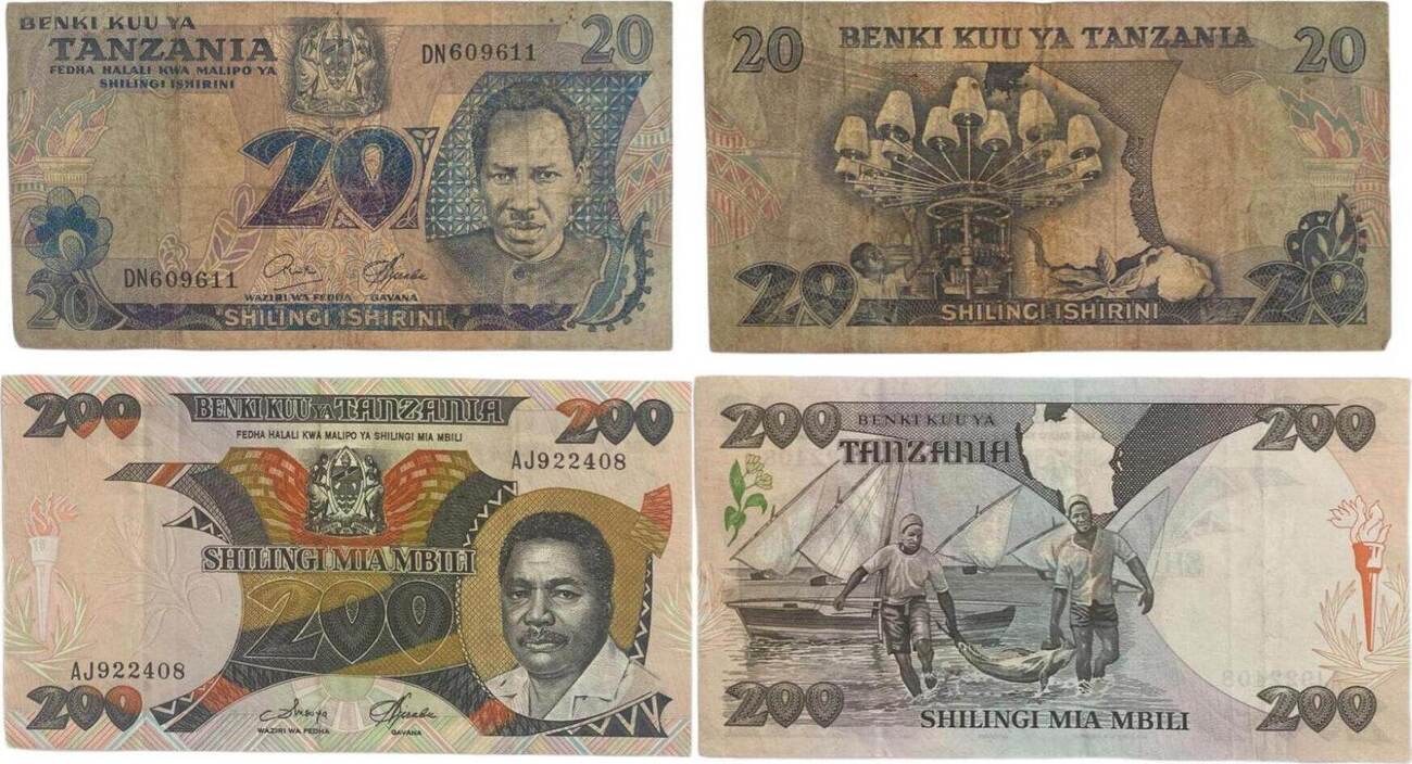 Tansania 20,200 Shilingi (1978,1993) Banknoten 2 Stück Lot 20 Shilingi ...