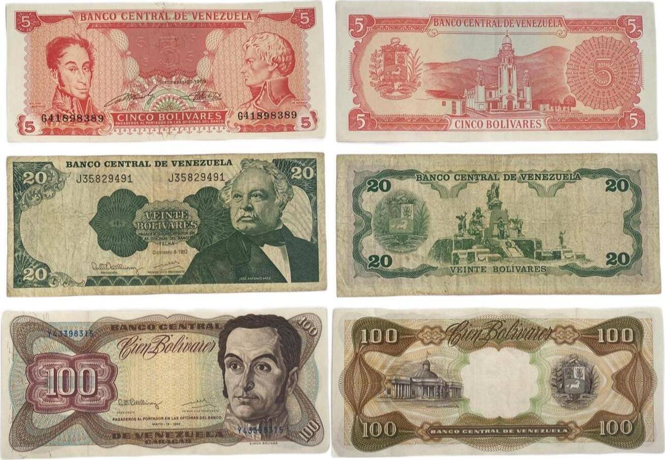 Venezuela 5,20,100 Bolivares 1989,1992,1992 Banknoten 3 Stück Lot I-,IV ...