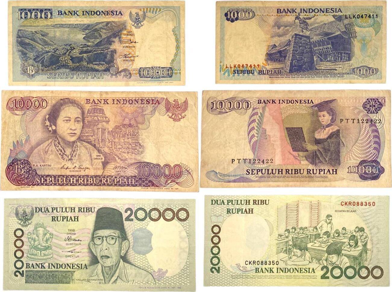 Indonesien 1000,10.000,20.000 Rupiah 1992,1985,1998 Banknoten 3 Stück ...