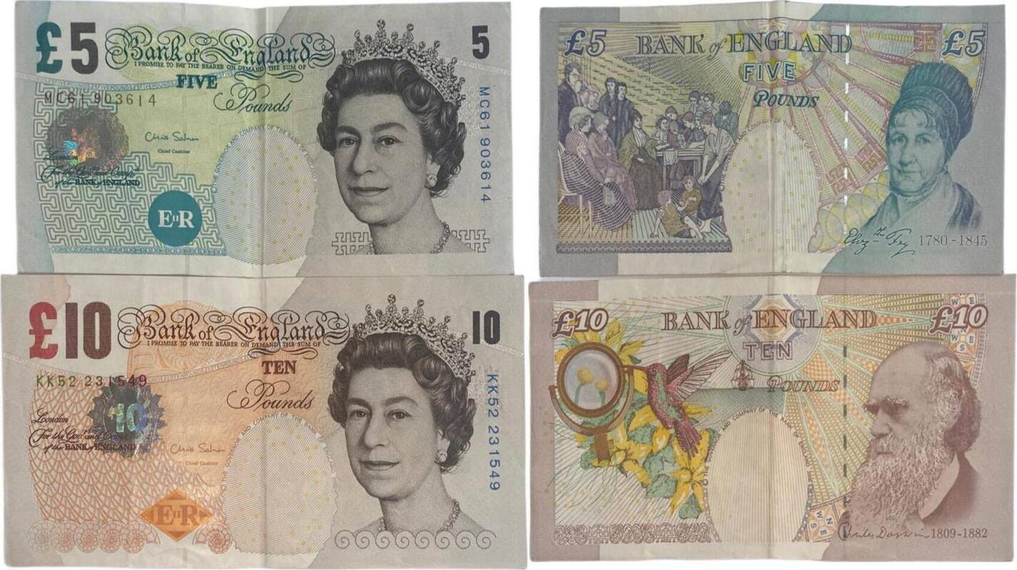 Großbritannien, England 5,10 Pounds (2002-2016) Banknoten 2 Stück Lot, QUEEN ELIZABETH II II+ ...