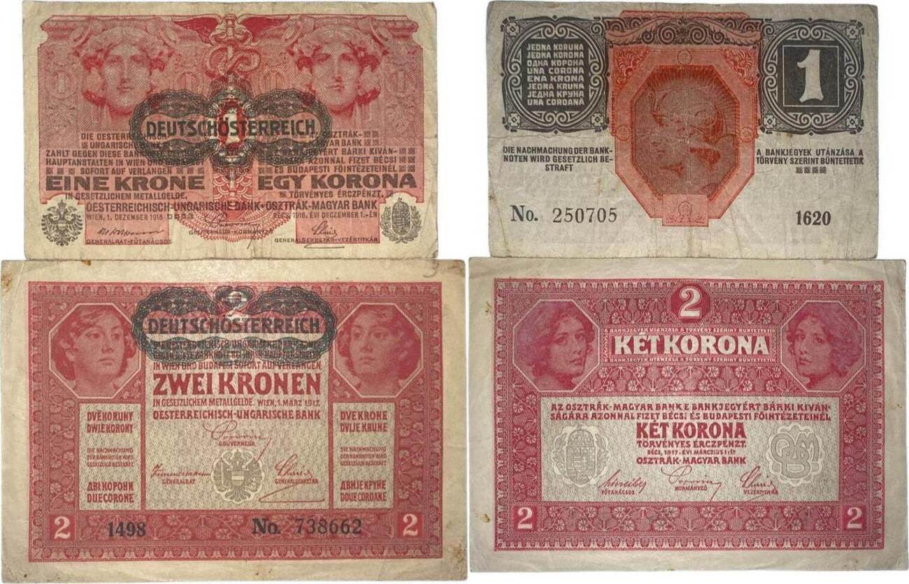 Österreich 1 Krone,2 Kronen 1916,1917 Banknoten 2 Stück Lot IV,III | MA ...