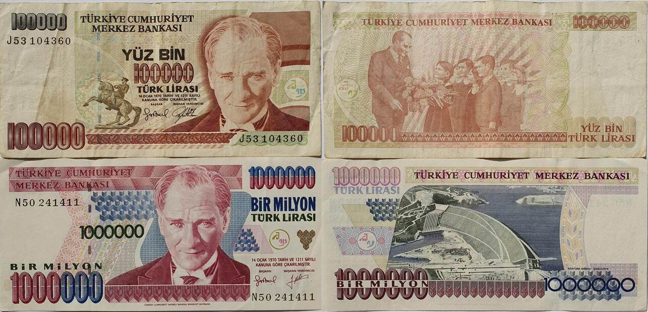 Türkei 100000, 1000000 Lira 1996-2001, 1996-2006 Banknote, 7.Emisyon 2 ...