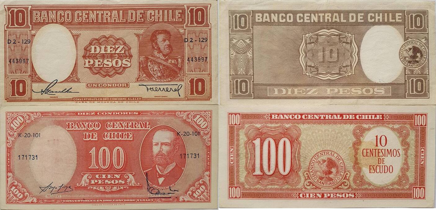 Chile 10, 100 Pesos 1947, 1960 Banknote 2 Stück II, I- | MA-Shops