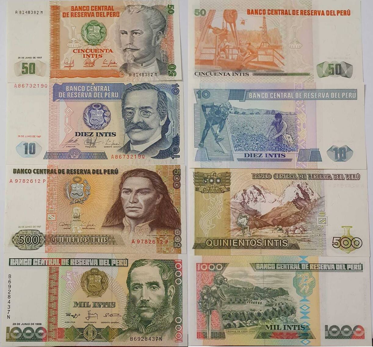 Peru 10, 50, 500 ,1000 Intis 1987, 1988 Banknote 4 Stück I, fast I | MA ...
