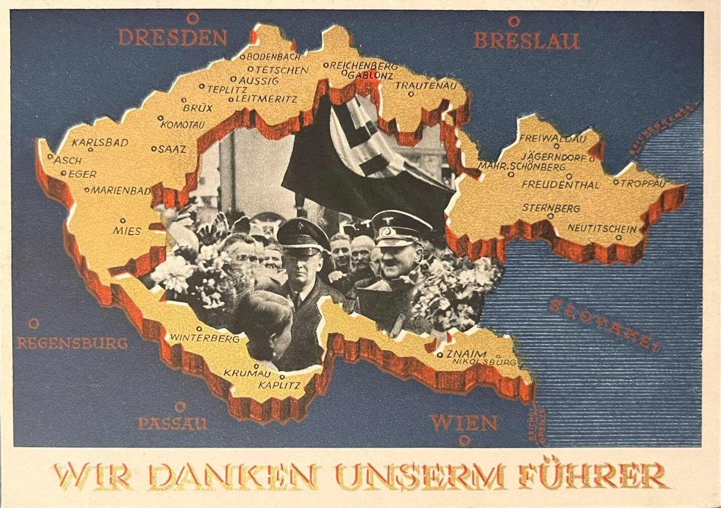 Drittes Reich, Deutschland Postkarte, Propaganda, 1938 Wir danken ...