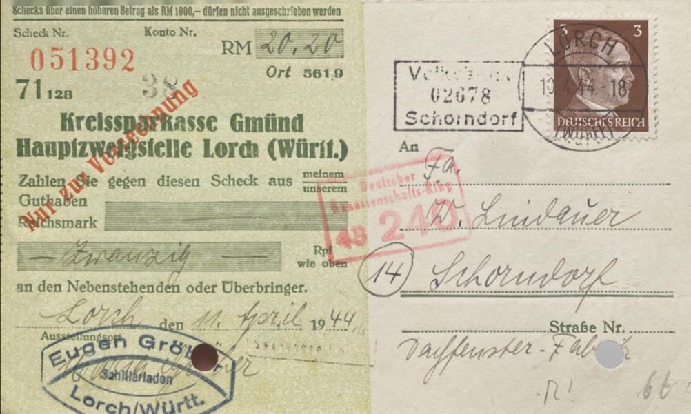 Deutschland, Drittes Reich Scheck 1944 Stempel: Lorch, Girozentrale ...