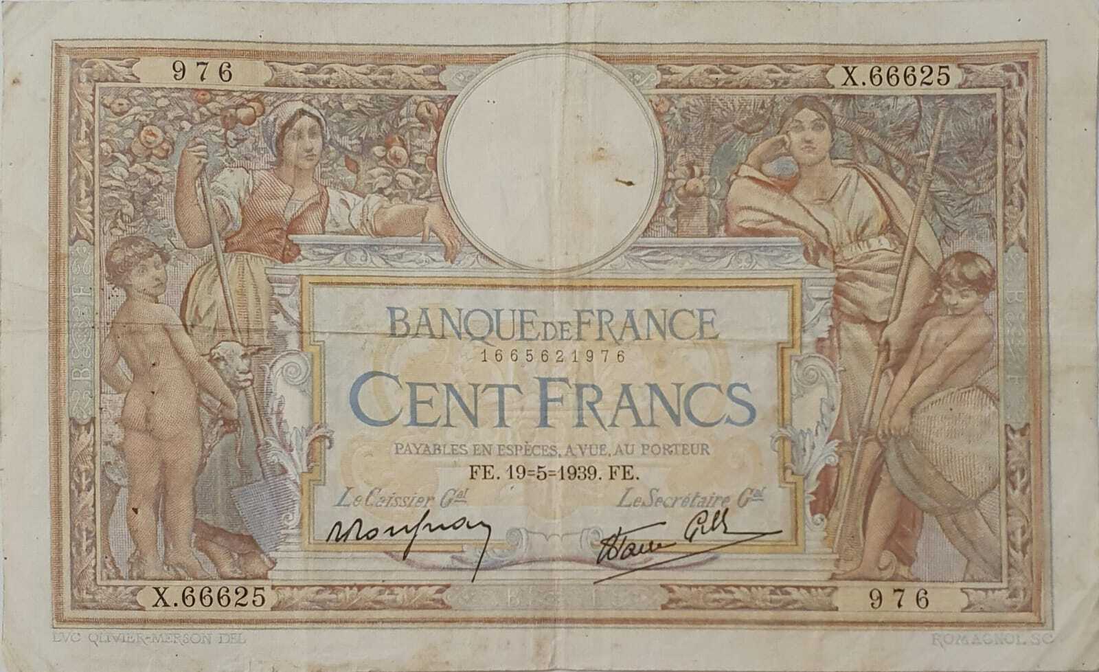 Frankreich 100 Francs 1939 Banknote III+ | MA-Shops