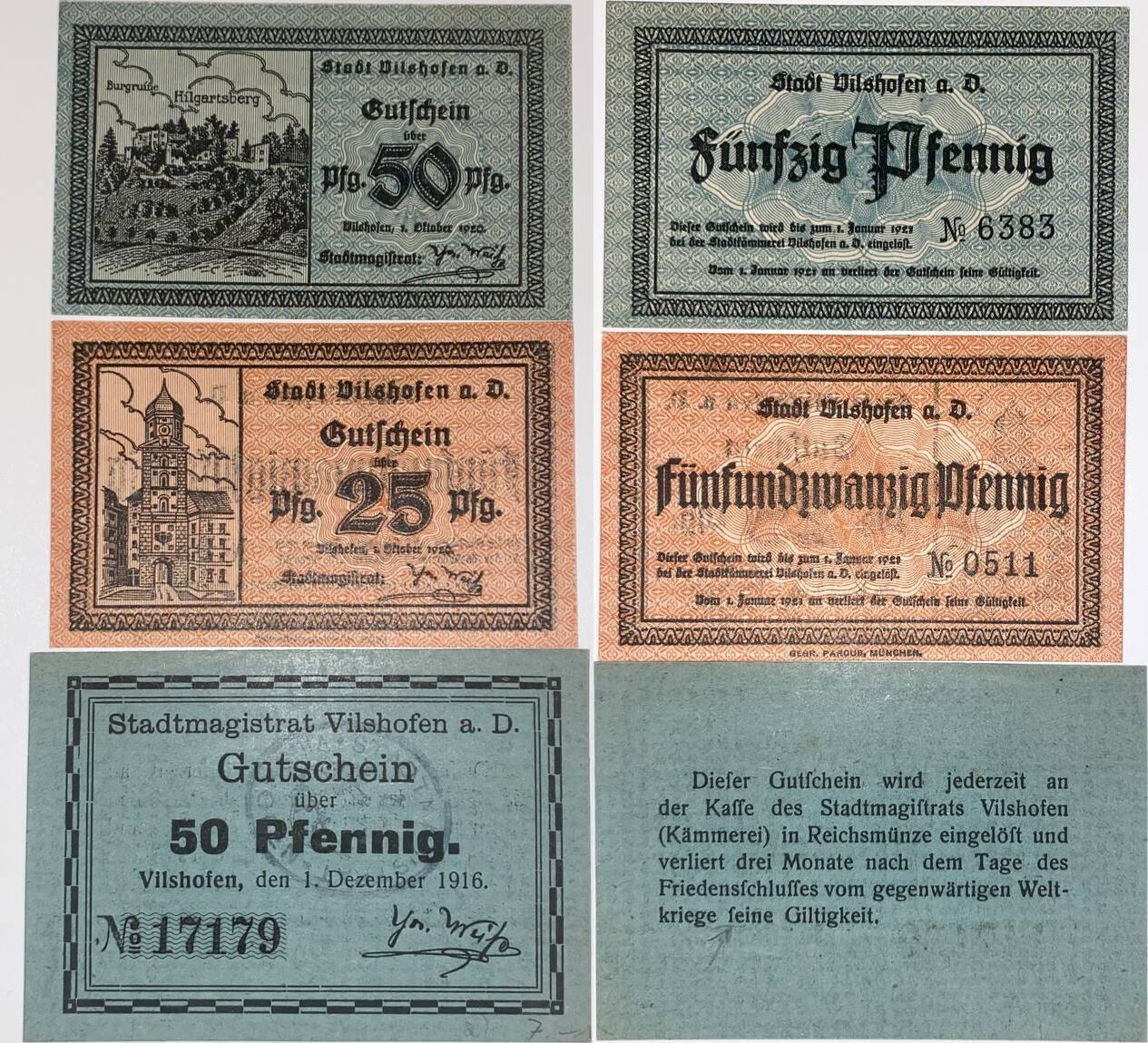 Deutschland Deutsches Reich 25, 2x 50 Pfennig 1920, 1916 Notgeldschein Notgeld Vilshofen Bayern ...