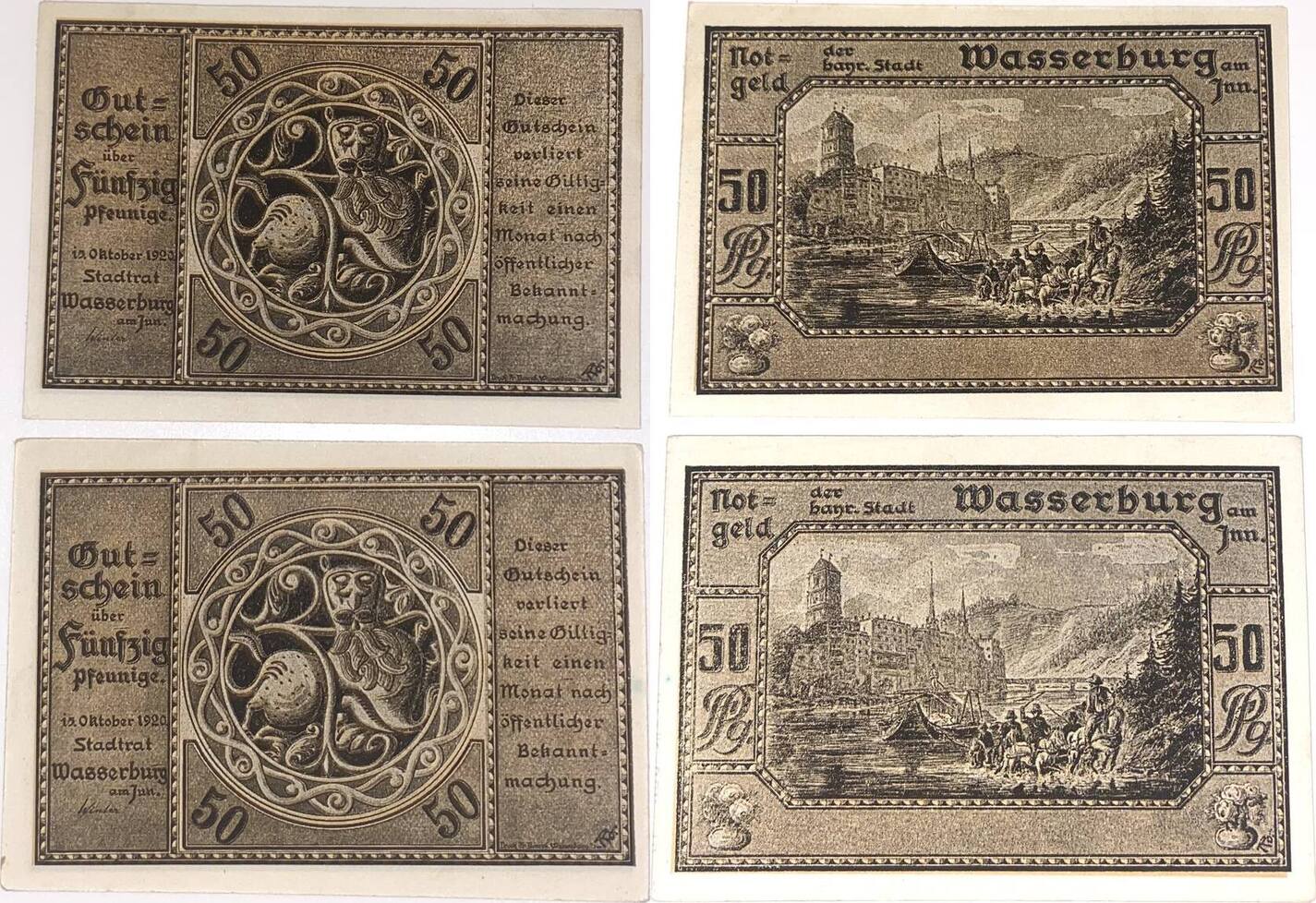 Deutschland Deutsches Reich 2x 50 Pfennig 1920 Notgeldschein Notgeld Wasserburg Bayern 2 Scheine ...