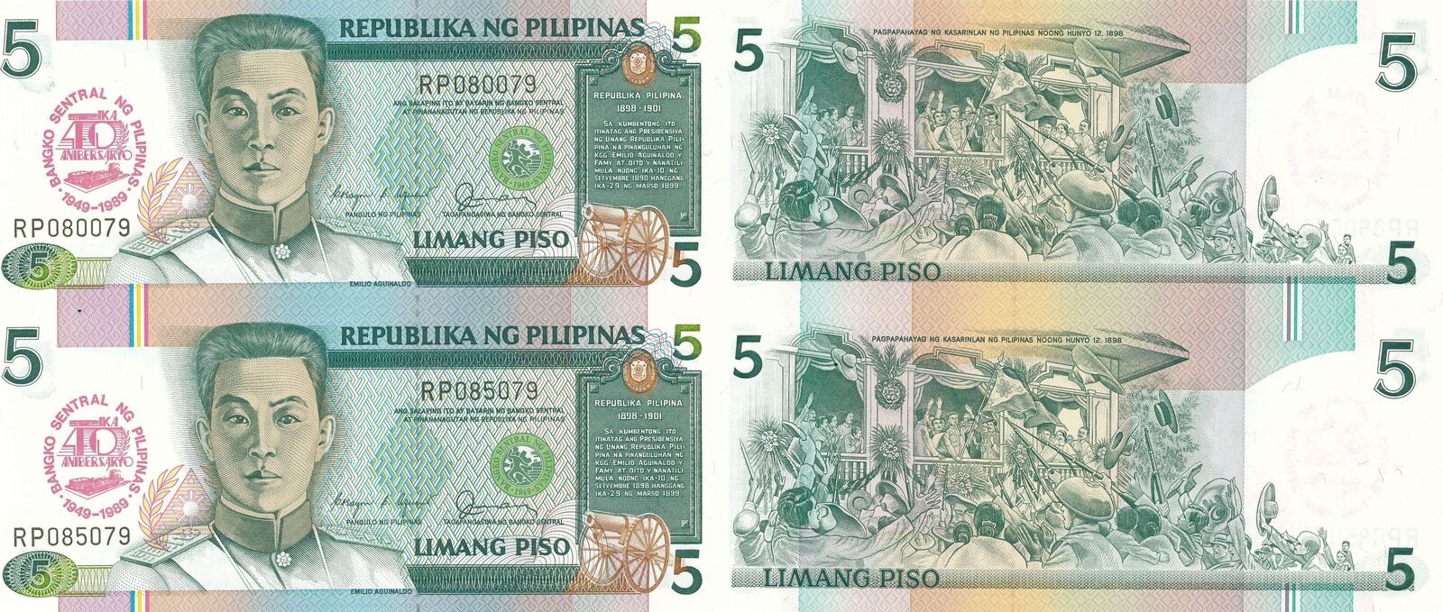 Philippinen 5 Piso 1987 Ungeschnittener Bogen, 2 x Banknoten, Emilio ...
