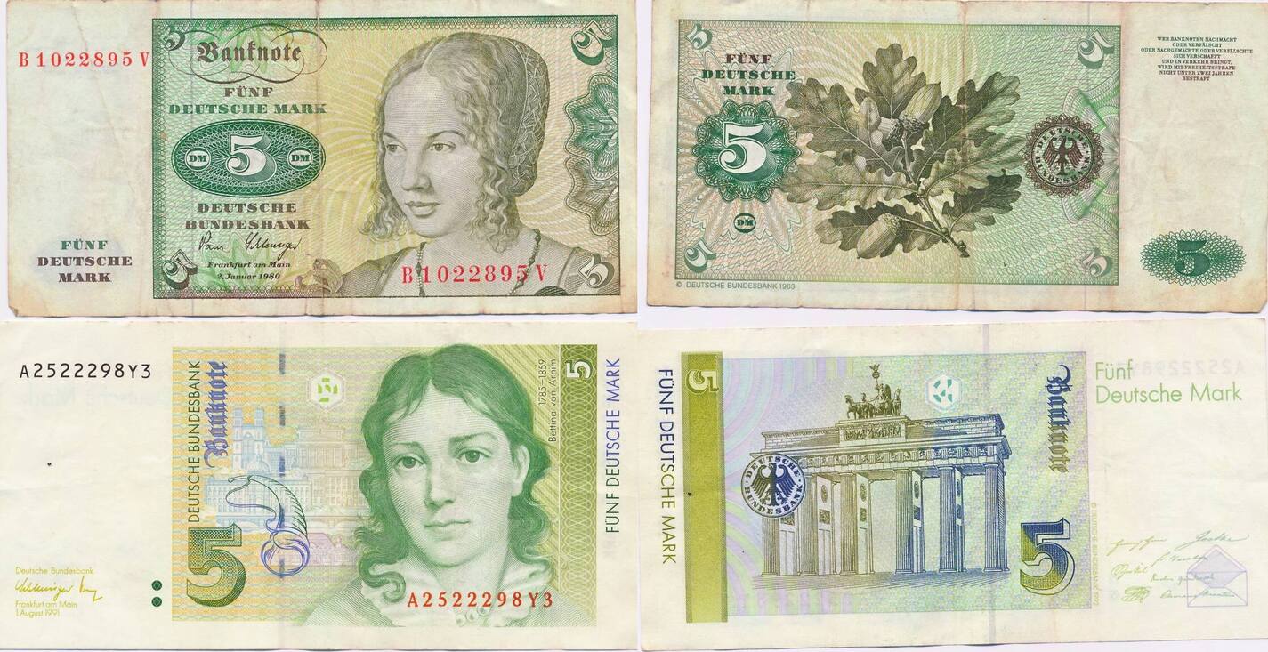 BRD Deutschland 2x 5 DM, Mark 1980, 1991 Banknoten, Geldschein, 2 Stück ...