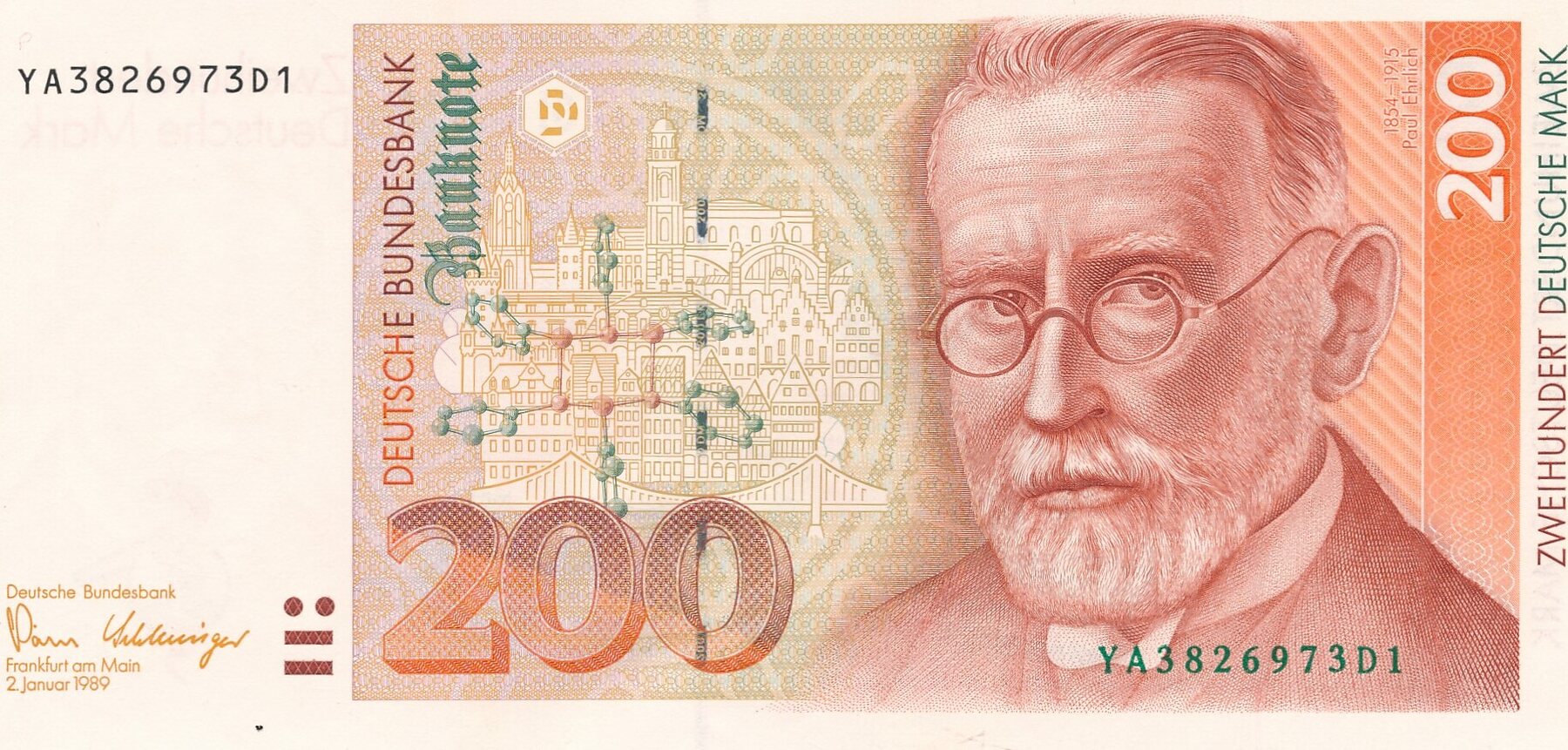 BRD Deutschland 200 Deutsche Mark DM 1989 Ersaztnote, Serie: YA/D unc ...