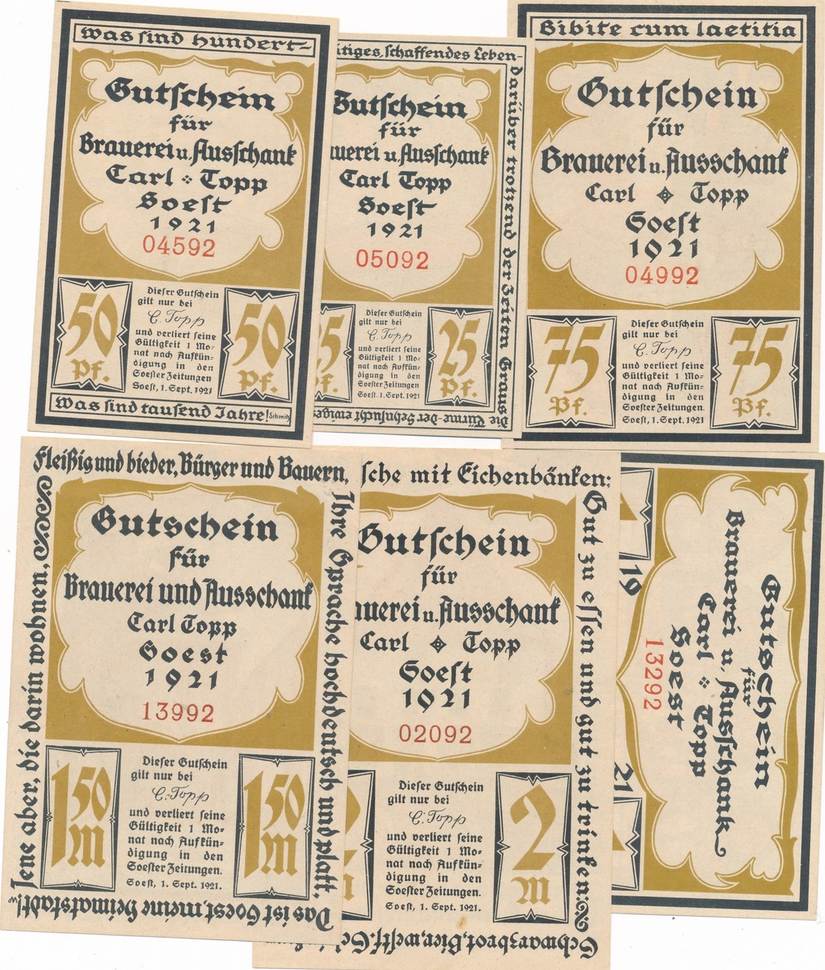 Soest 1921 Gutschein Serie Brauerei und Ausschank Carl Topp,0,25 - 2 ...
