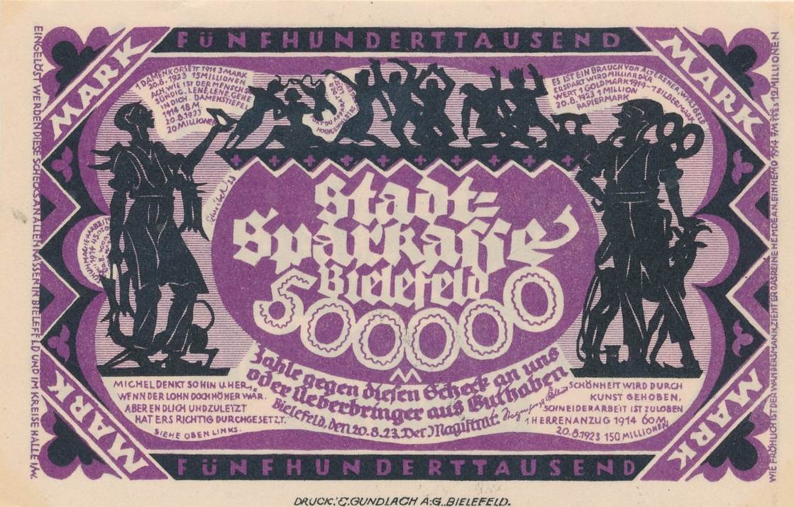 Bielefeld 500 Tausend Mark 1923 Papier Notgeldschein der Stadt | MA-Shops