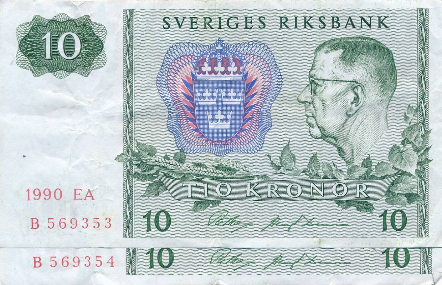Schweden 10 Krone, 2x Banknoten 1990 1x Aufeinanderfolgende ...
