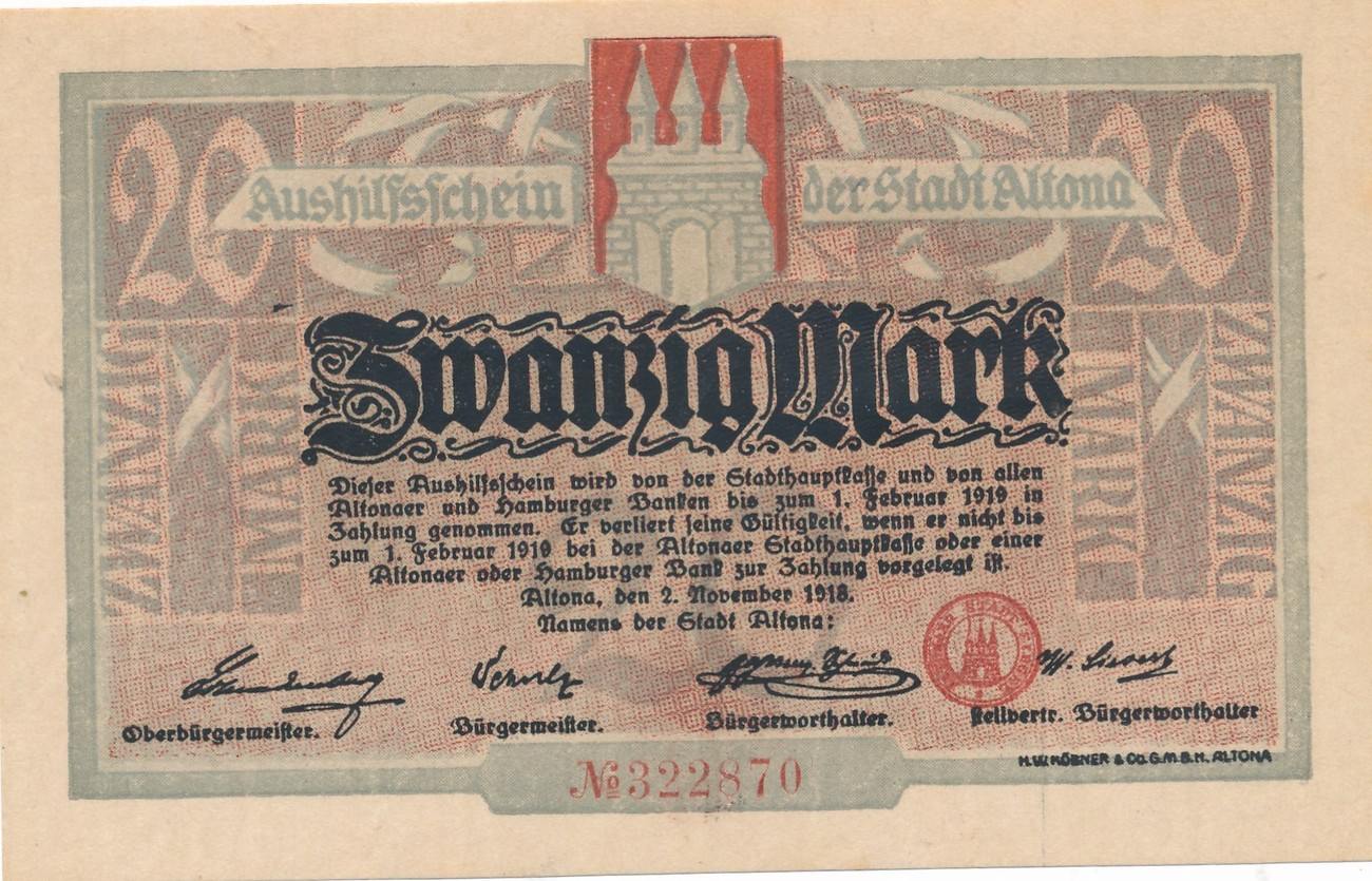 Altona 20 Mark 1918 Aushilfsschein der Stadthauptkasse, Nr. 322870 | MA ...
