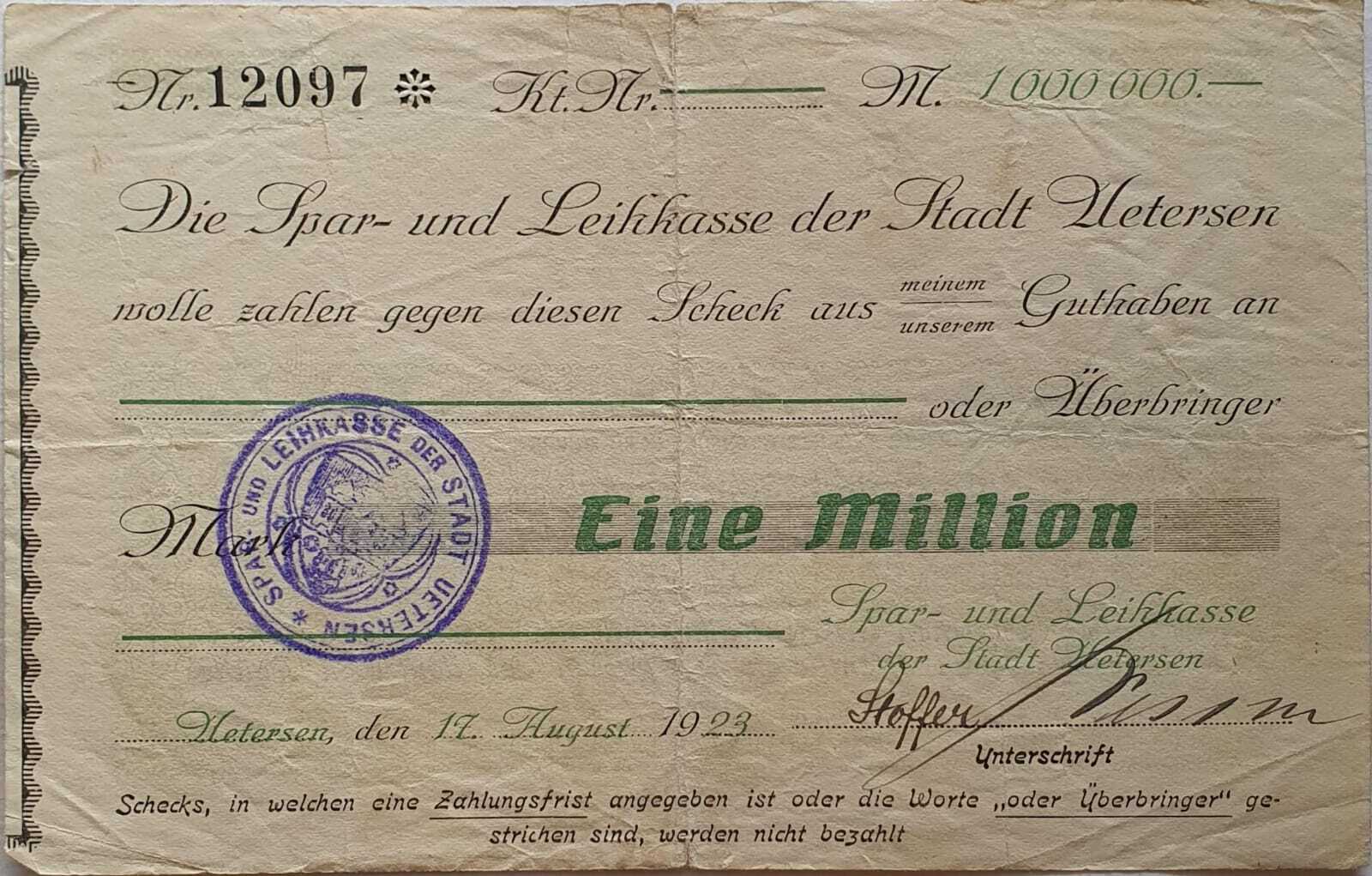 Deutschland Deutsches Reich 1 Million Mark 1923 Notgeld der Spar- und ...