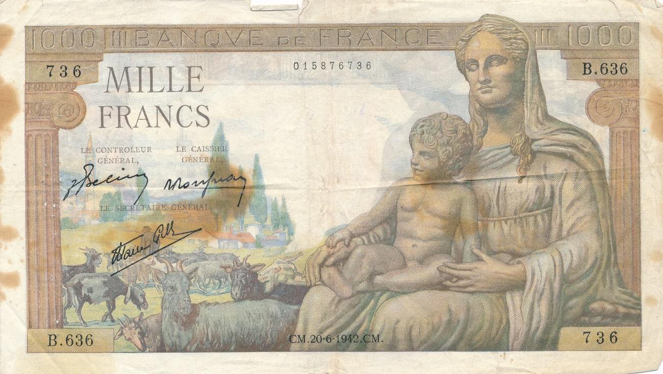 Frankreich 1000 Francs 20 6 1942 Geldschein Banknote Mille Francs Frankreich 1000 Francs 20 6 1942 Geldschein Banknote Mille Francs