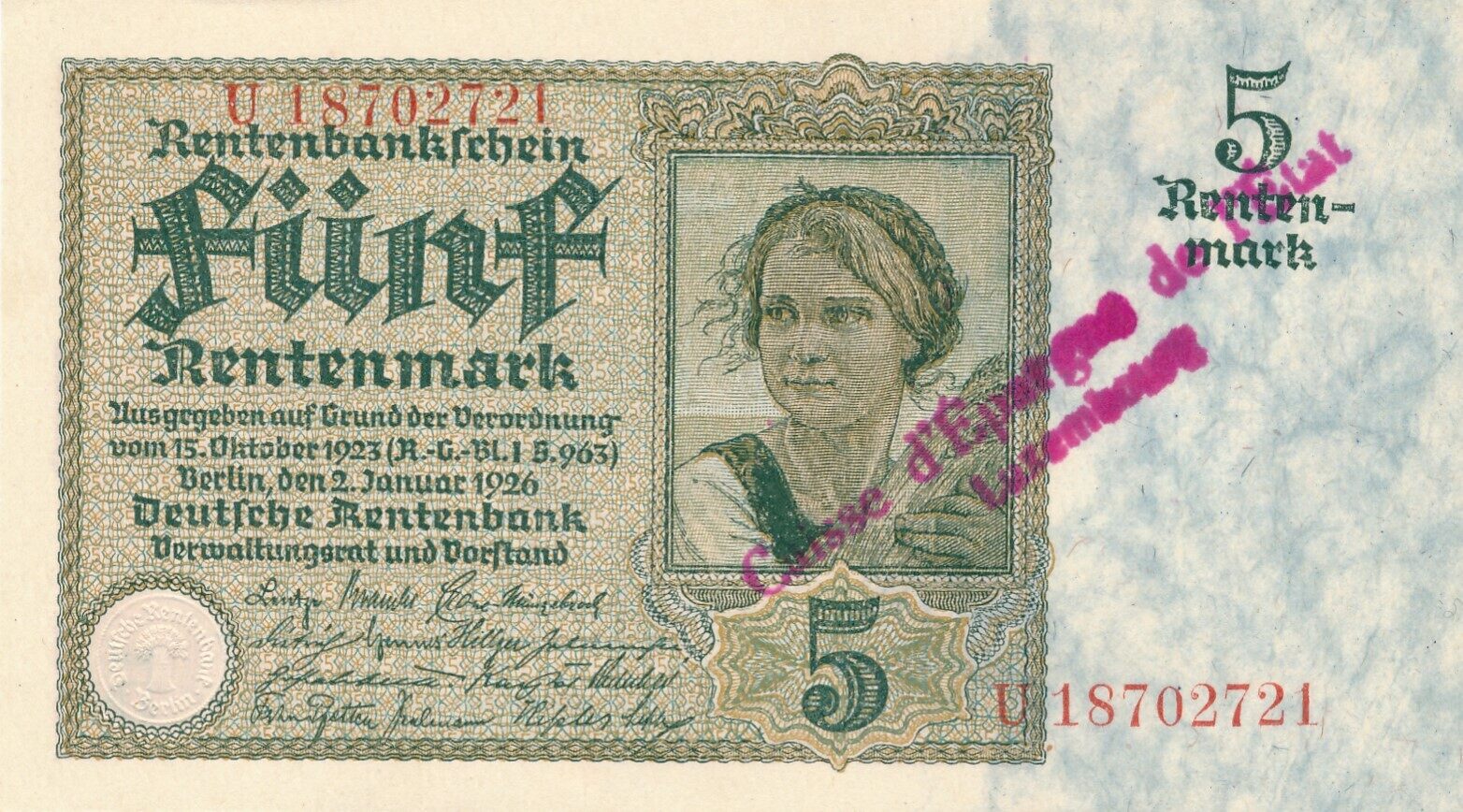 Deutschland Weimarer Republik Luxemburg 5 Rentenmark, Deutsche ...