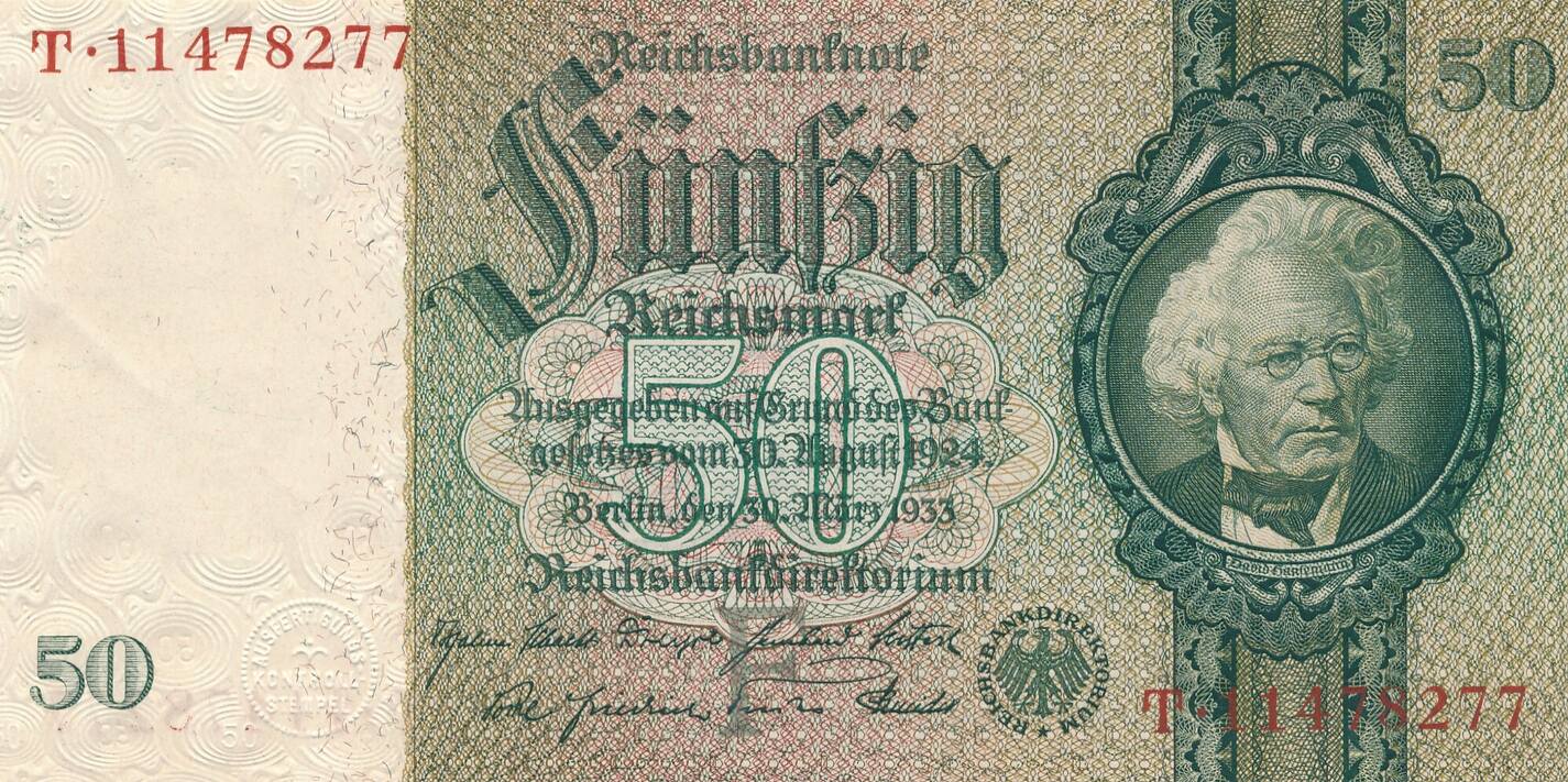 Deutschland Weimarer Republik 50 Reichsmark 1933 (ab 1934) KN 8Stellig ...