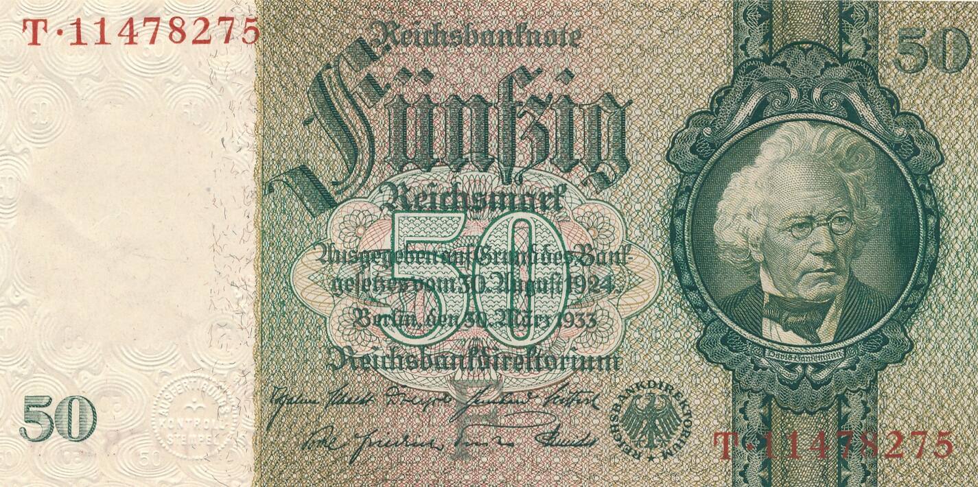 Deutschland Weimarer Republik 50 Reichsmark 1933 (ab 1934) KN 8Stellig ...