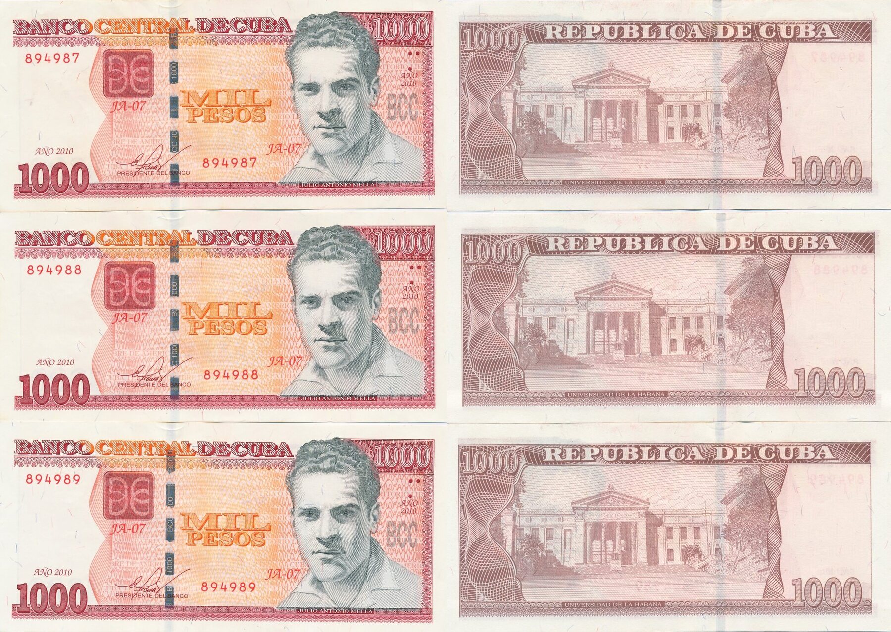 Kuba 3x 1000 Pesos 2010 3 folgende Serien Nummer, Julio Antonio Mella ...