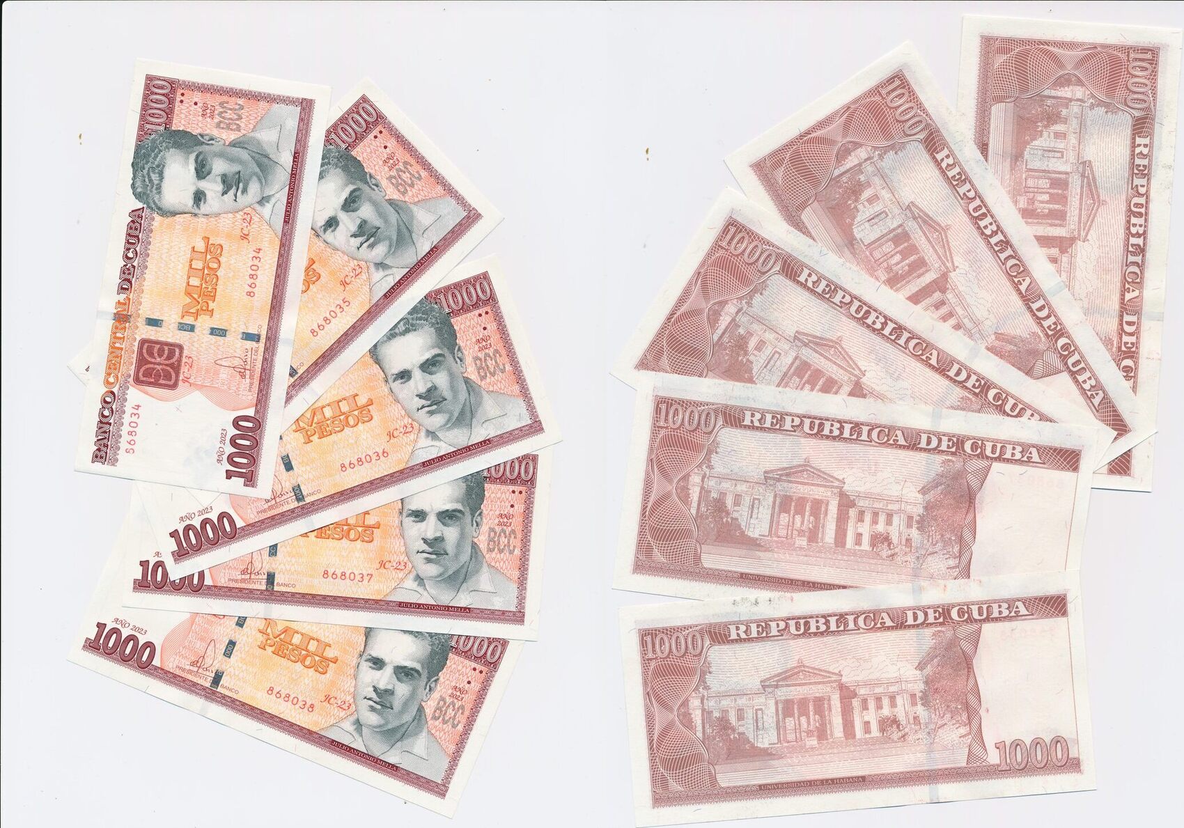 Kuba 5x 1000 Pesos 2023 5x folgende Serien Nummer, Julio Antonio Mella ...