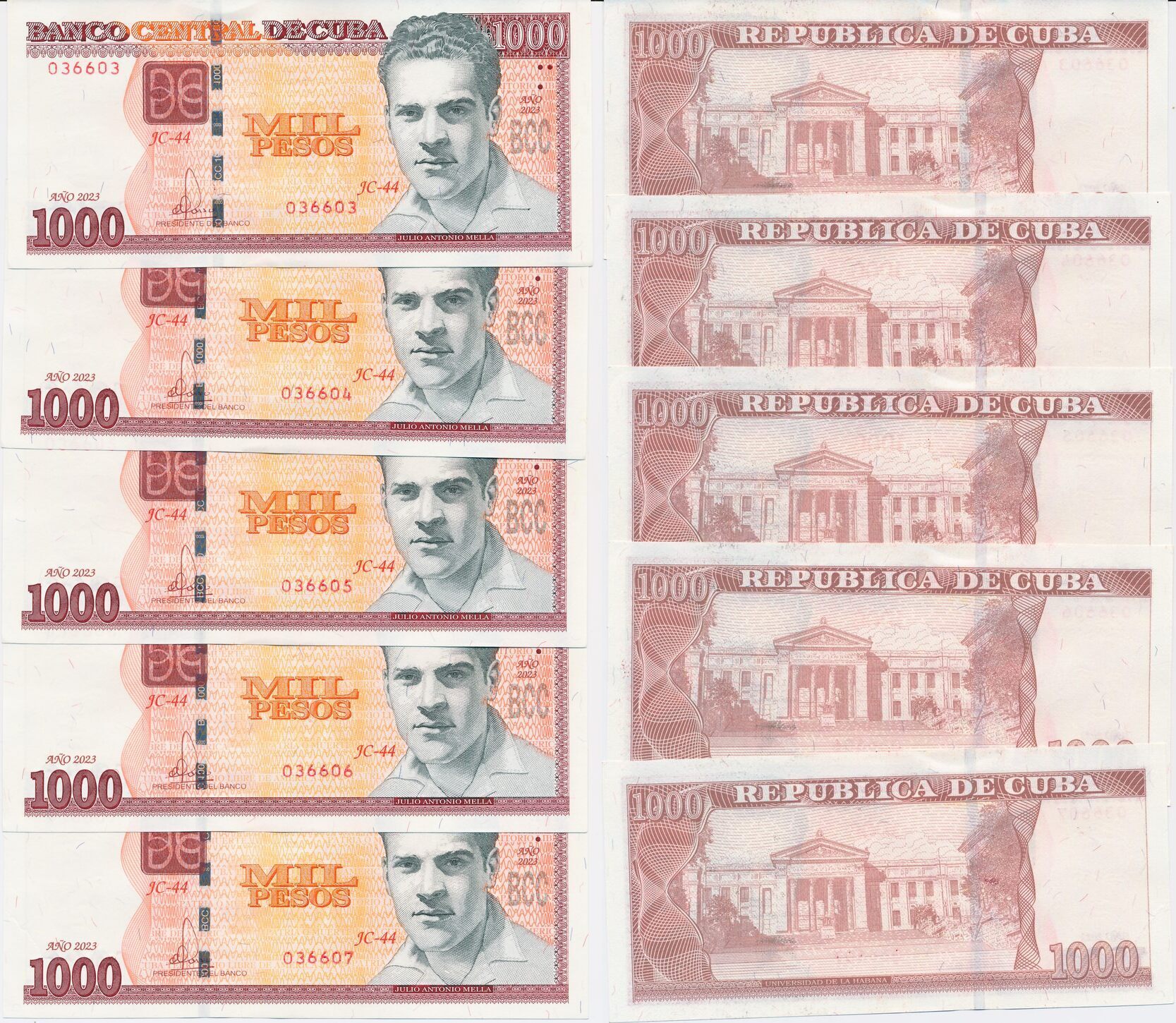 Kuba 5x 1000 Pesos 2023 5x folgende Serien Nummer, Julio Antonio Mella ...