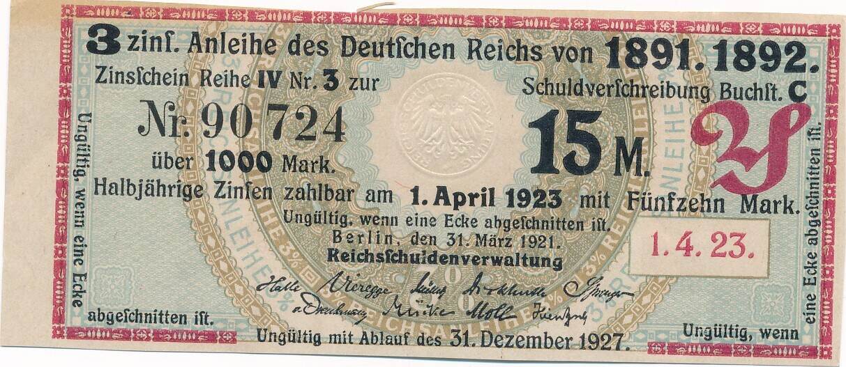 Deutschland Deutsches Reich 3 zinf. Anleihe des Deutschen reichs 1923 ...