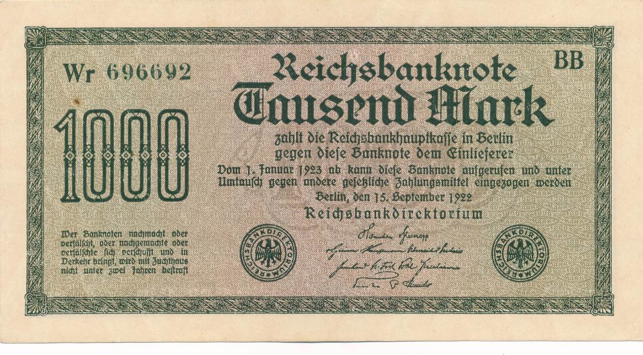 Deutsches Reich Deutschland, Weimarer Republik 1000 Mark Reichsbanknote ...