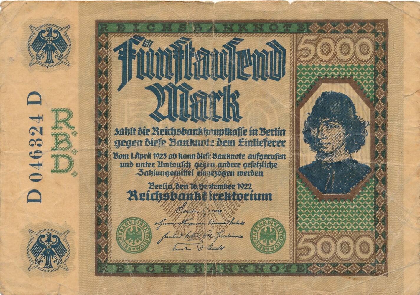 Deutsches Reich Deutschland, Weimarer Republik 5000 Mark Reichsbanknote ...