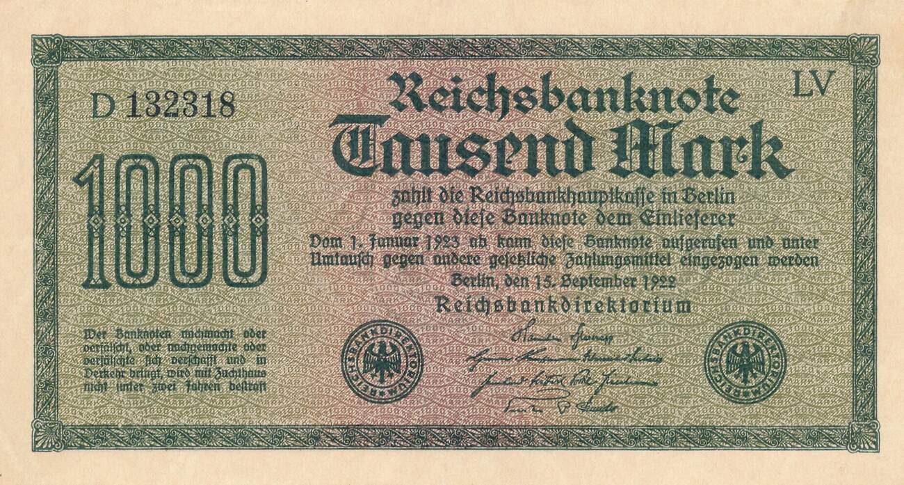 Deutsches Reich Deutschland, Weimarer Republik 1000 Mark Reichsbanknote ...