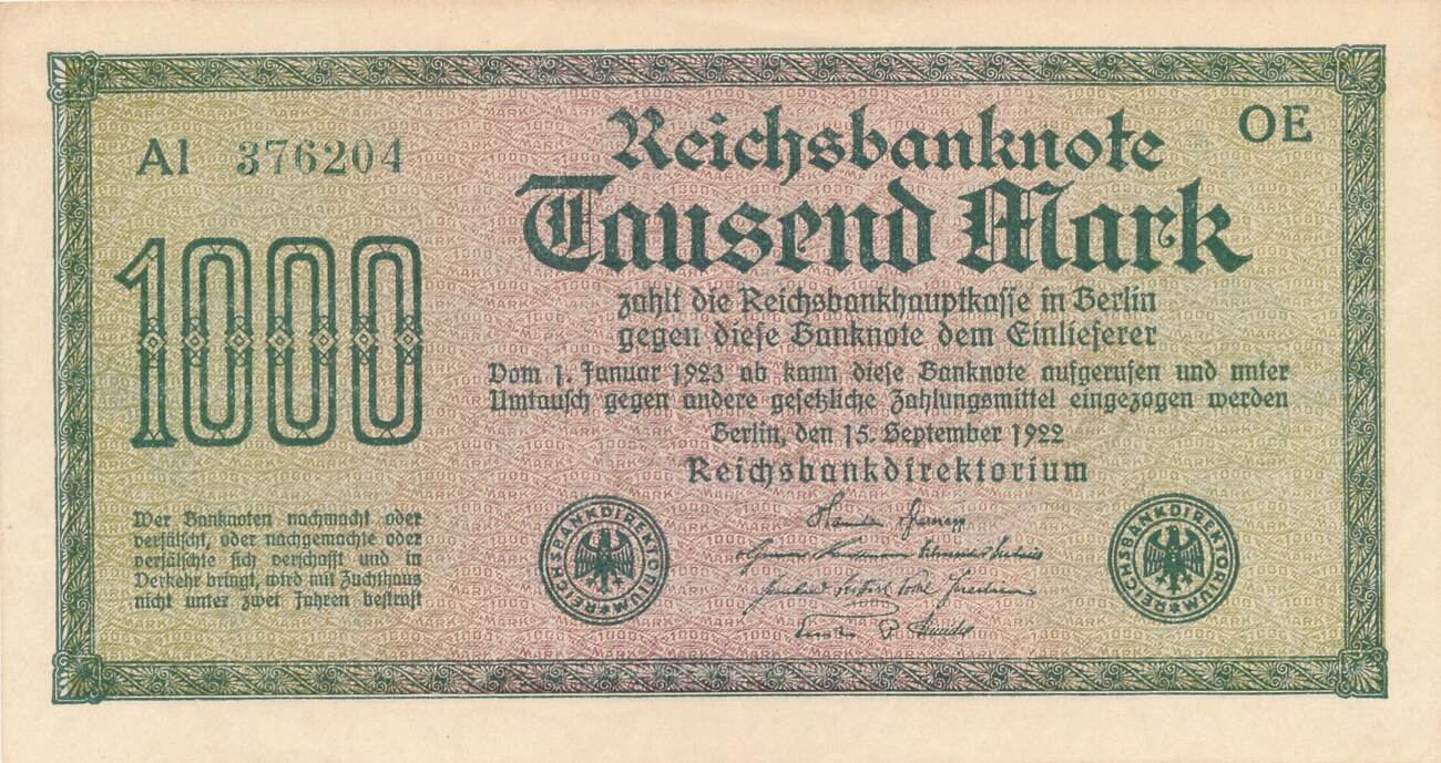 Deutsches Reich Deutschland, Weimarer Republik 1000 Mark Reichsbanknote ...