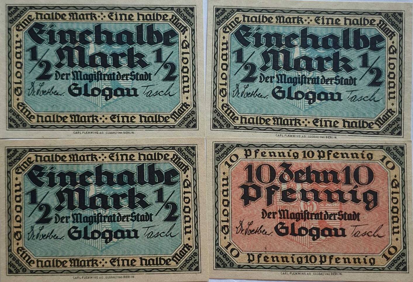 Deutschland Deutsches Reich 10 Pfennig, 3* 1/2 Mark Notgeld Glogau 4 ...