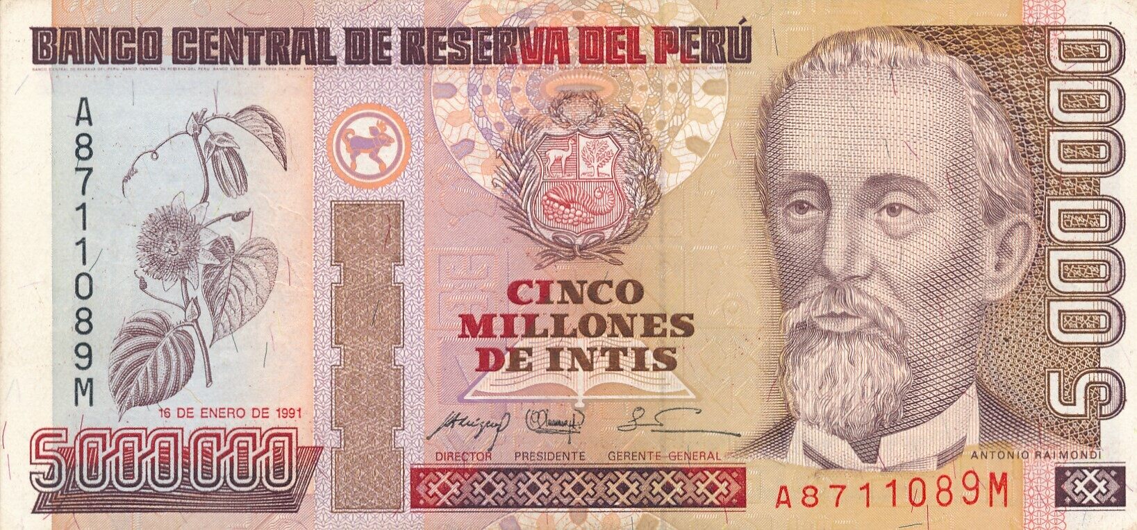Peru 5000000 Intis 1991 Banknote unc- | MA-Shops