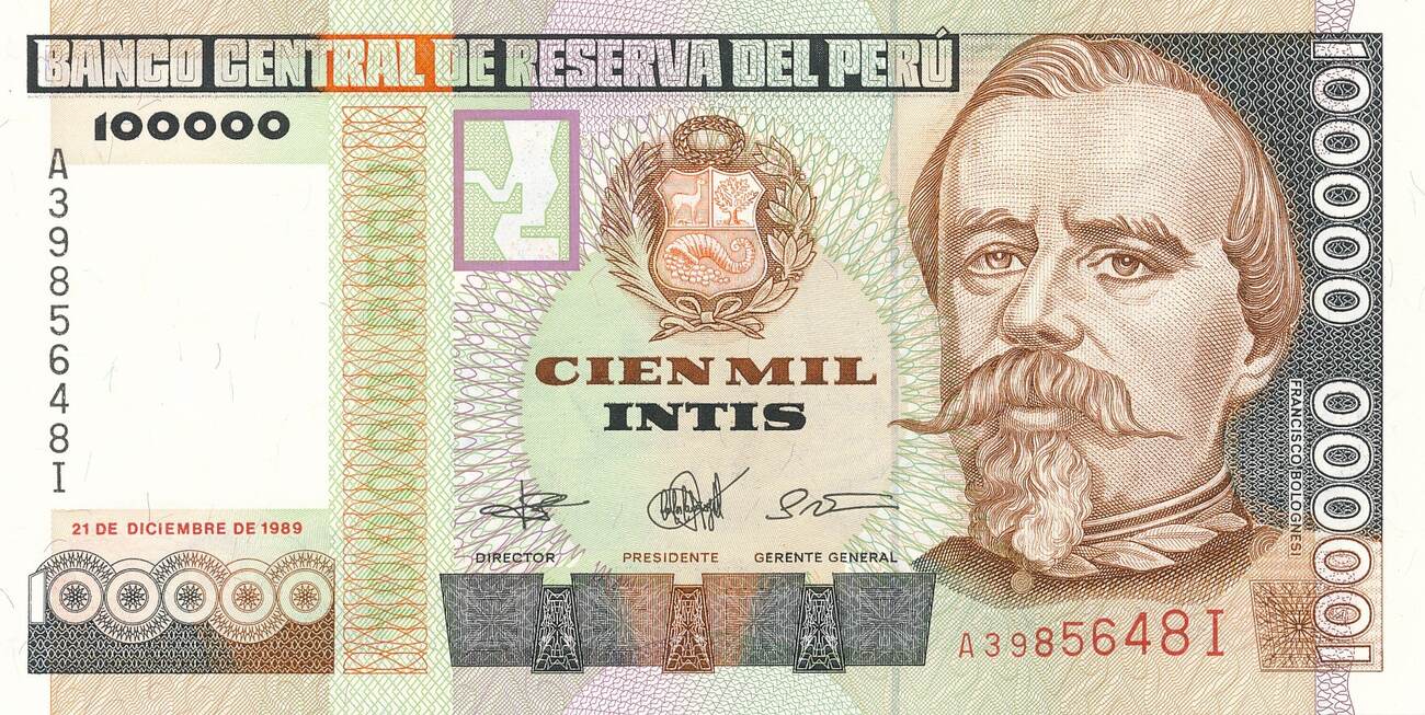Peru 100000 Intis 1989 Banknote unc | MA-Shops