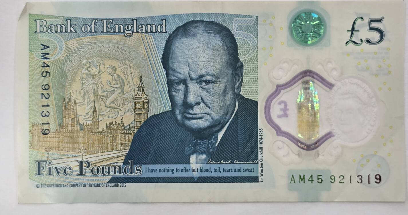 Großbritannien 5 Pounds 2015 Banknote, Winston Churchill Polymer III ...