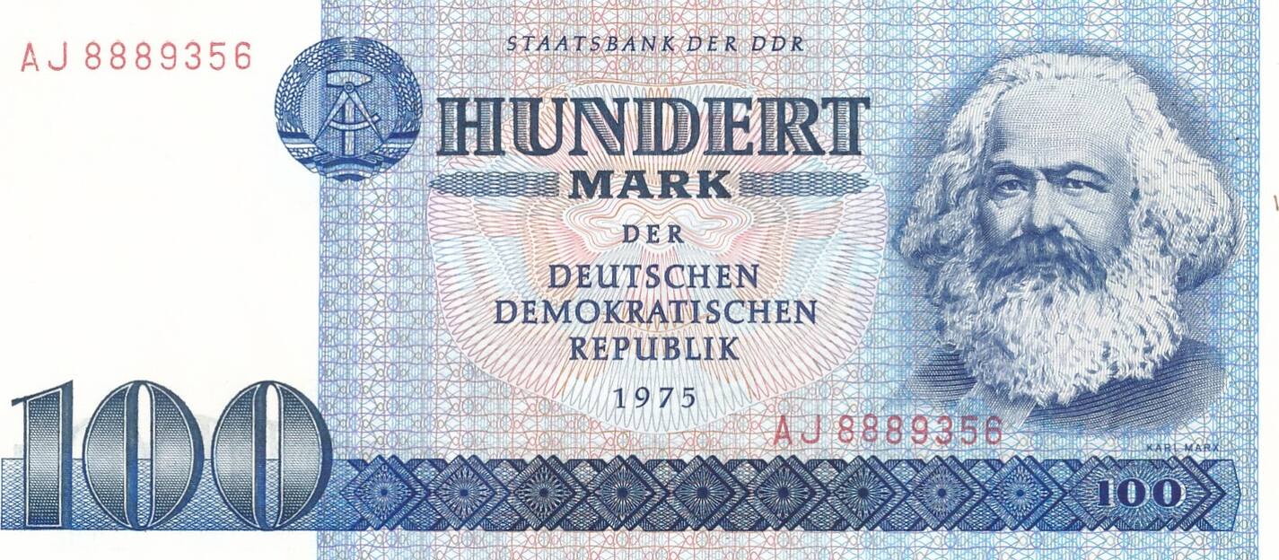 Deutschland DDR 100 Mark 1975 Geldschein KN 7stellig, Serie AJ unc | MA ...