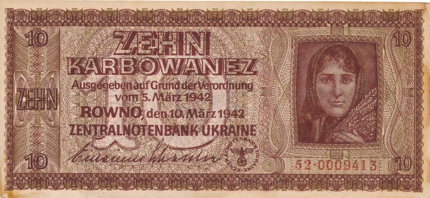 3.Reich, Ukraine, Besatzungsausgaben 2. Weltkrieg 10 Karbowanez 1942 KN ...