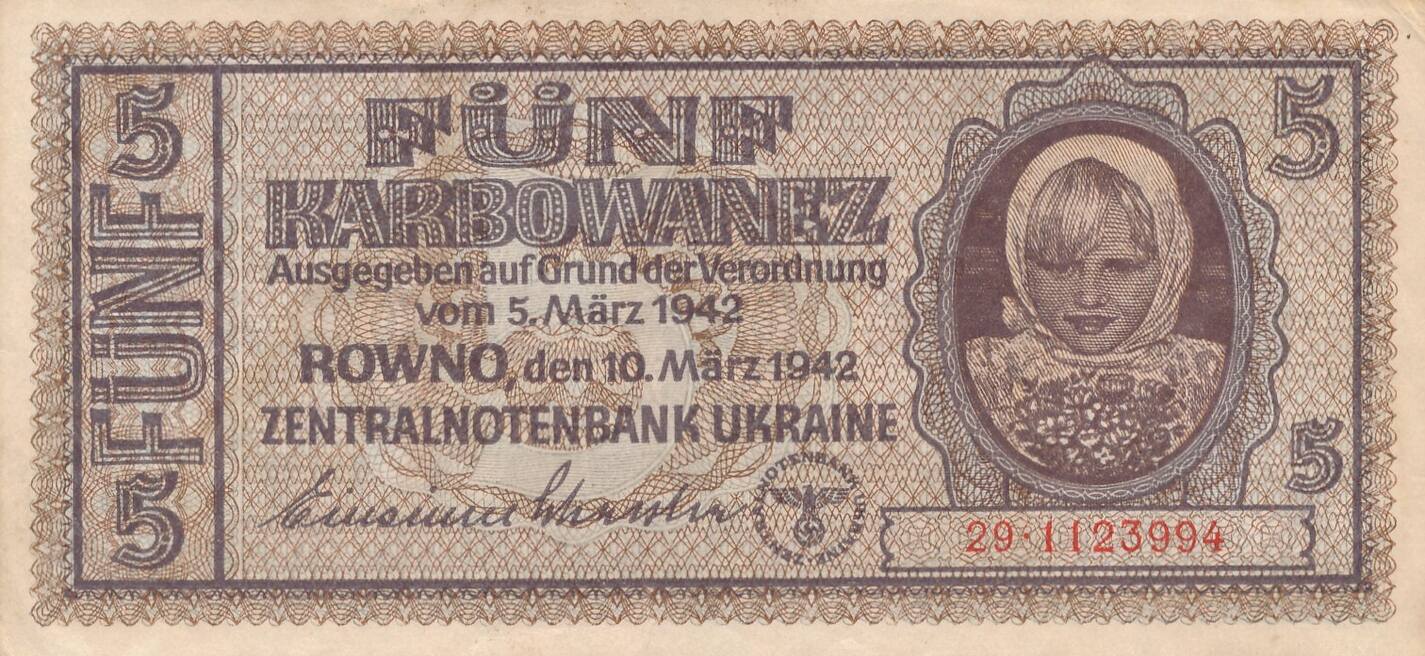 3.Reich, Ukraine, Besatzungsausgaben 2. Weltkrieg 5 Karbowanez 1945 KN ...