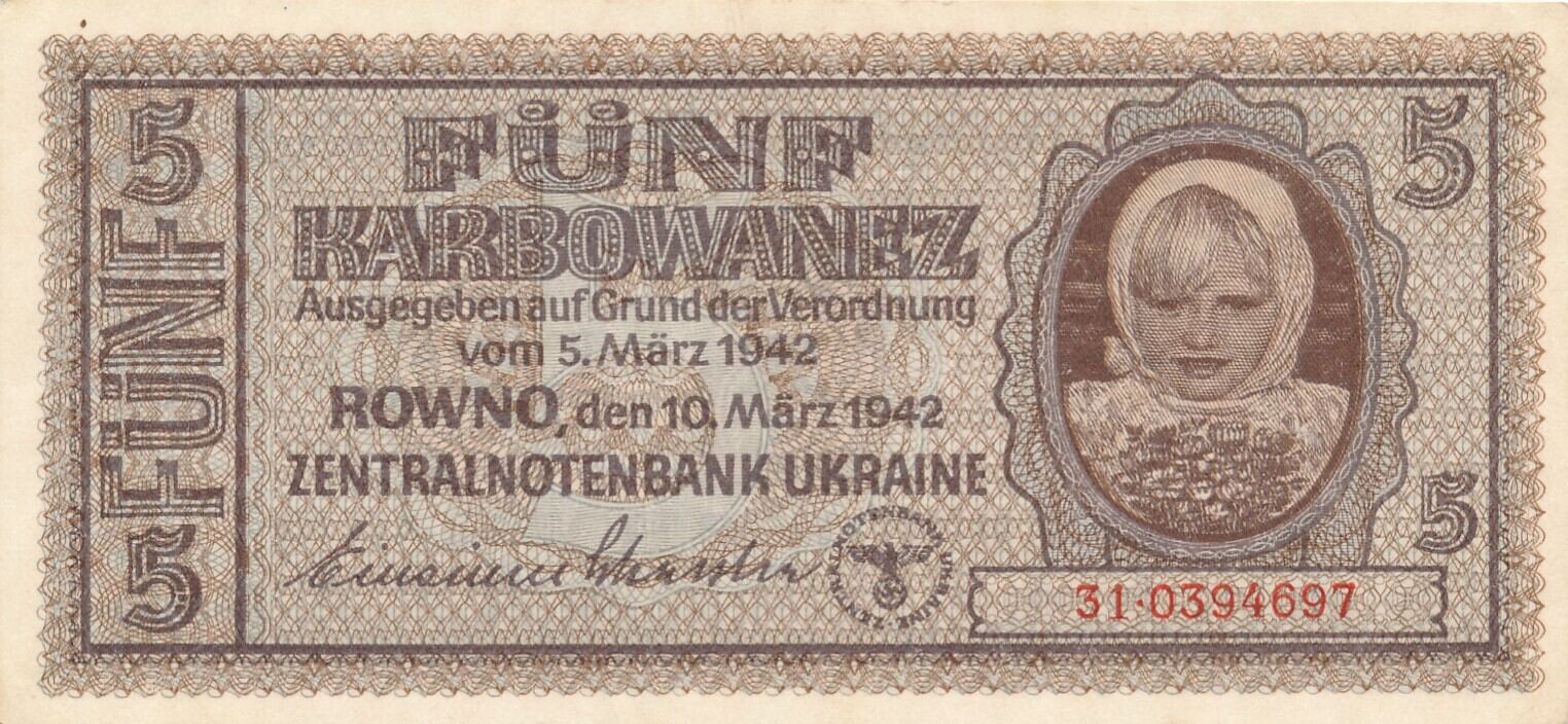 3.Reich, Ukraine, Besatzungsausgaben 2. Weltkrieg 5 Karbowanez 1942 KN ...