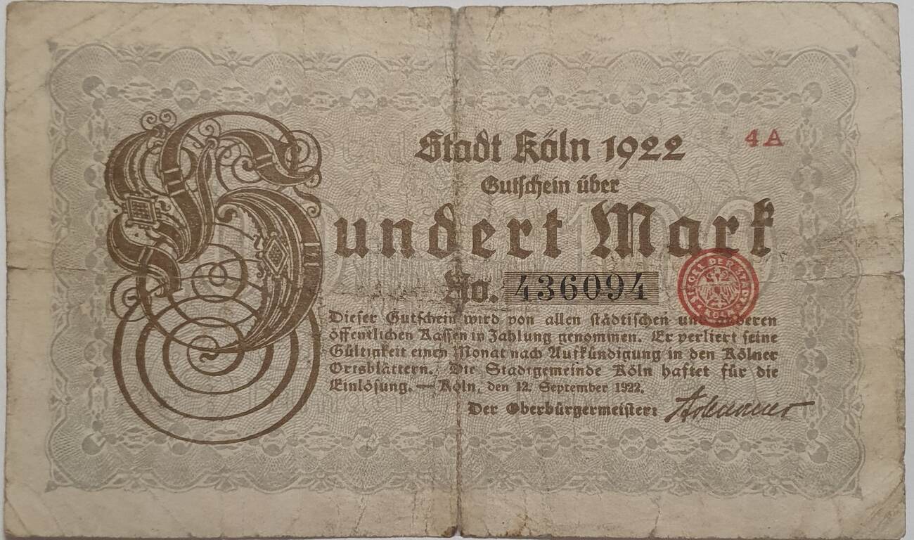 Deutschland, Deutsches Reich 100 Mark 1922 Grossnotgeld, Köln, Serie 4A ...