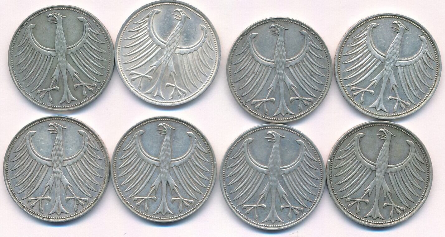 Deutschland BRD 8x 5 Deutsche Mark DM 1951F,J, 1957J,1958G, 196 8 ...