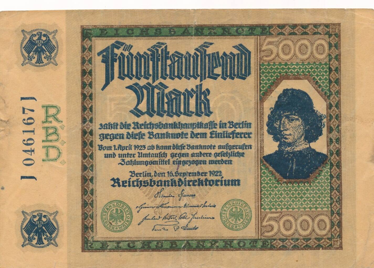 Deutsches Reich Deutschland, Weimarer Republik 5000 Mark Reichsbanknote ...