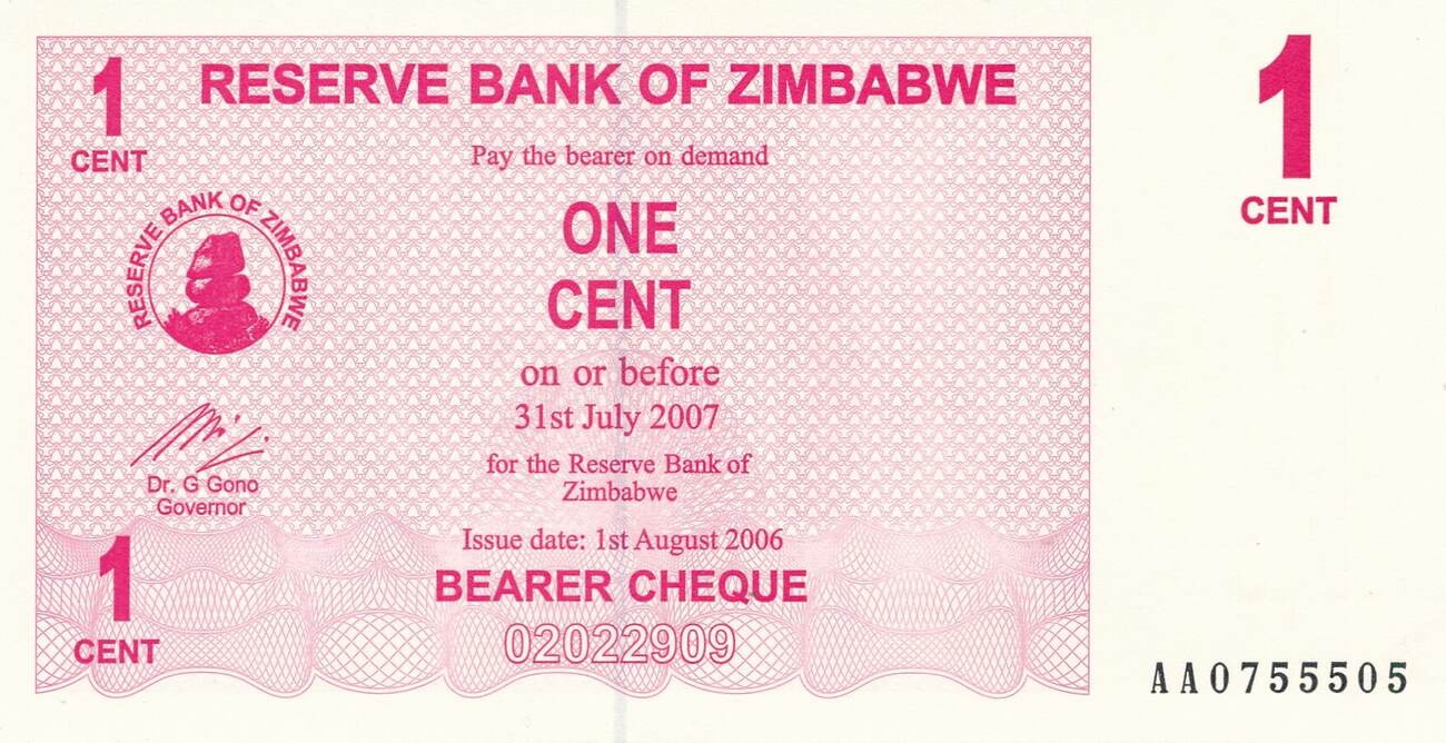 Zimbabwe 1 Cent 2006 Banknote unc | MA-Shops