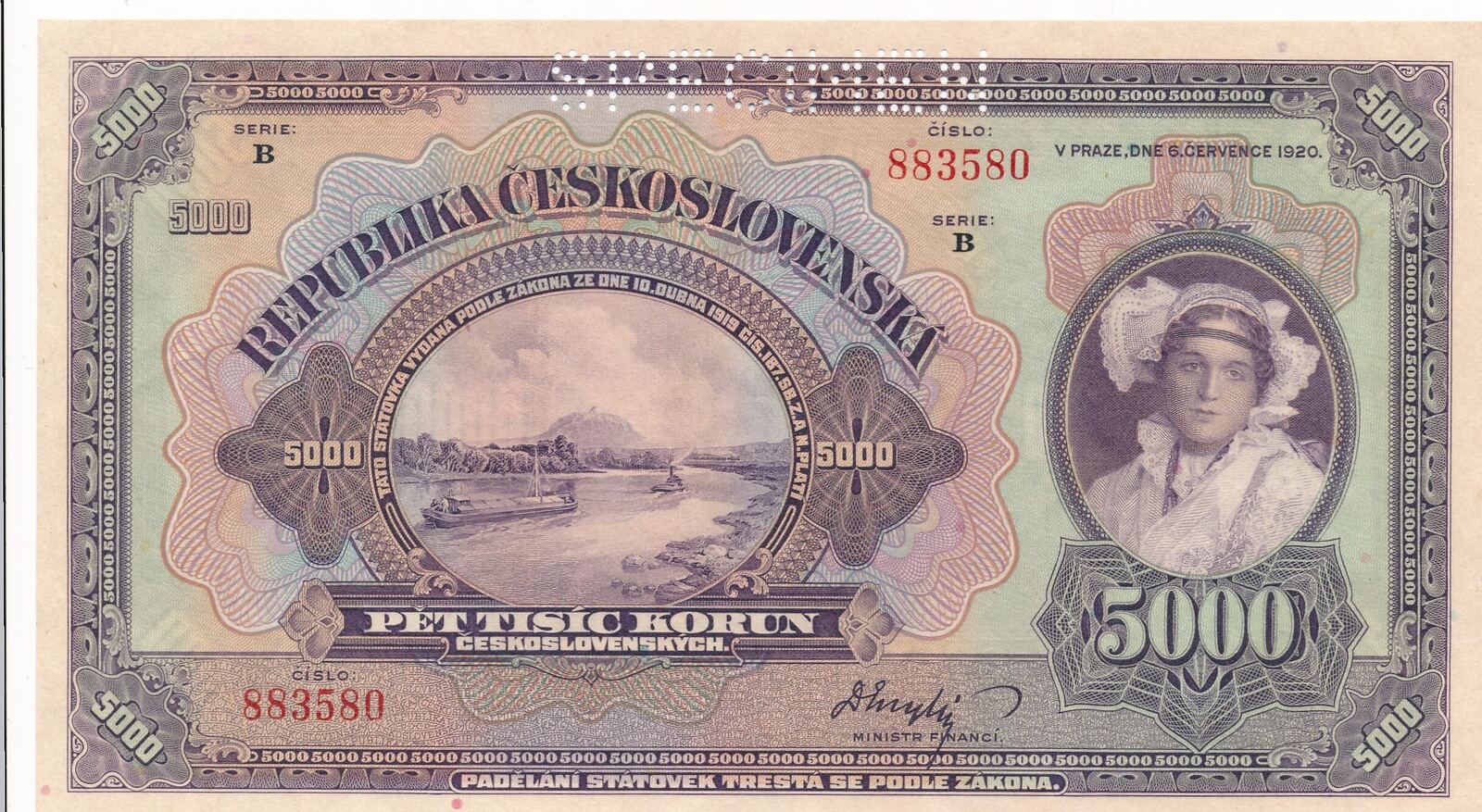 Tschechien, Czechoslovakia / Tschechoslowakei 5000 Korun Kronen 1920 ...