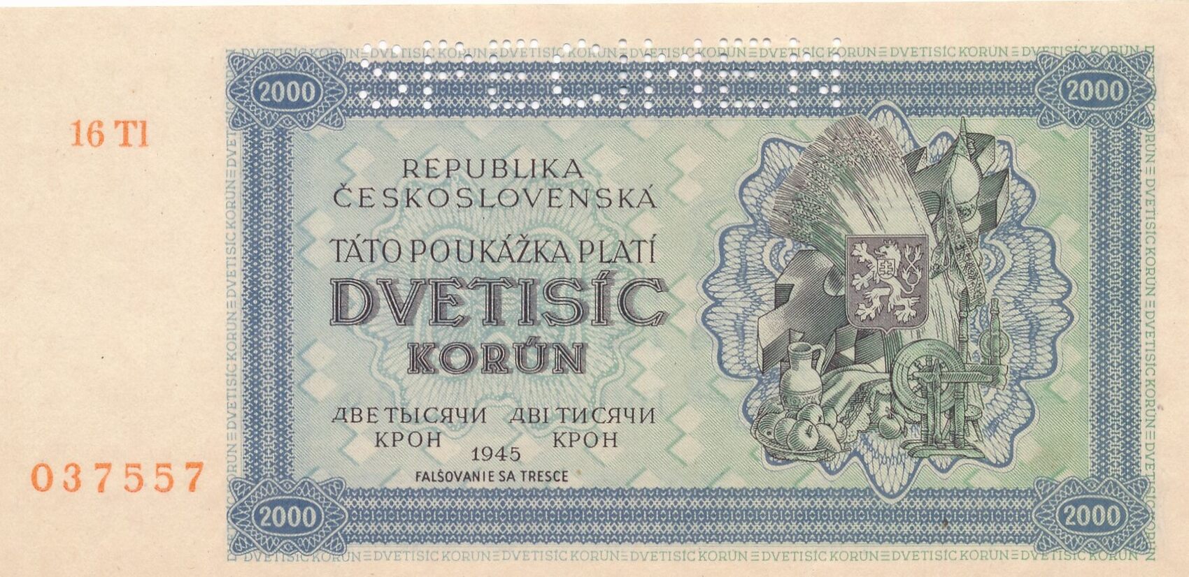 Czechoslovakia / Tschechoslowakei 2000 Korun Kronen 1945 Banknote ...